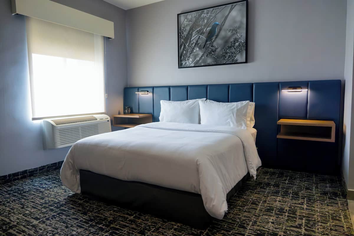 Quarto de hotel com cama grande, janela com persianas, ar condicionado fixado na parede, quadro emoldurado e mesas de cabeceira com abajures.
