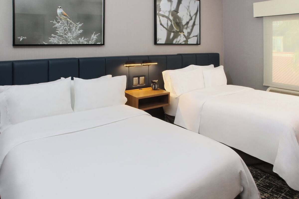 Quarto de hotel com duas camas, uma mesa de cabeceira com abajur e duas quadros na parede.