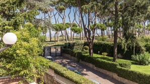 Um jardim paisagístico com sebes bem aparadas, um caminho e árvores altas.