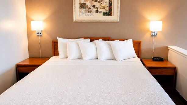 Quarto de hotel com uma cama grande, duas mesas de cabeceira, um criado-mudo, uma obra de arte emoldurada na parede e luminárias fixadas na parede.