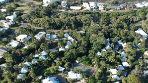 Vista aérea de uma área residencial com casas cercadas por vegetação densa, uma piscina e uma praia ao fundo.