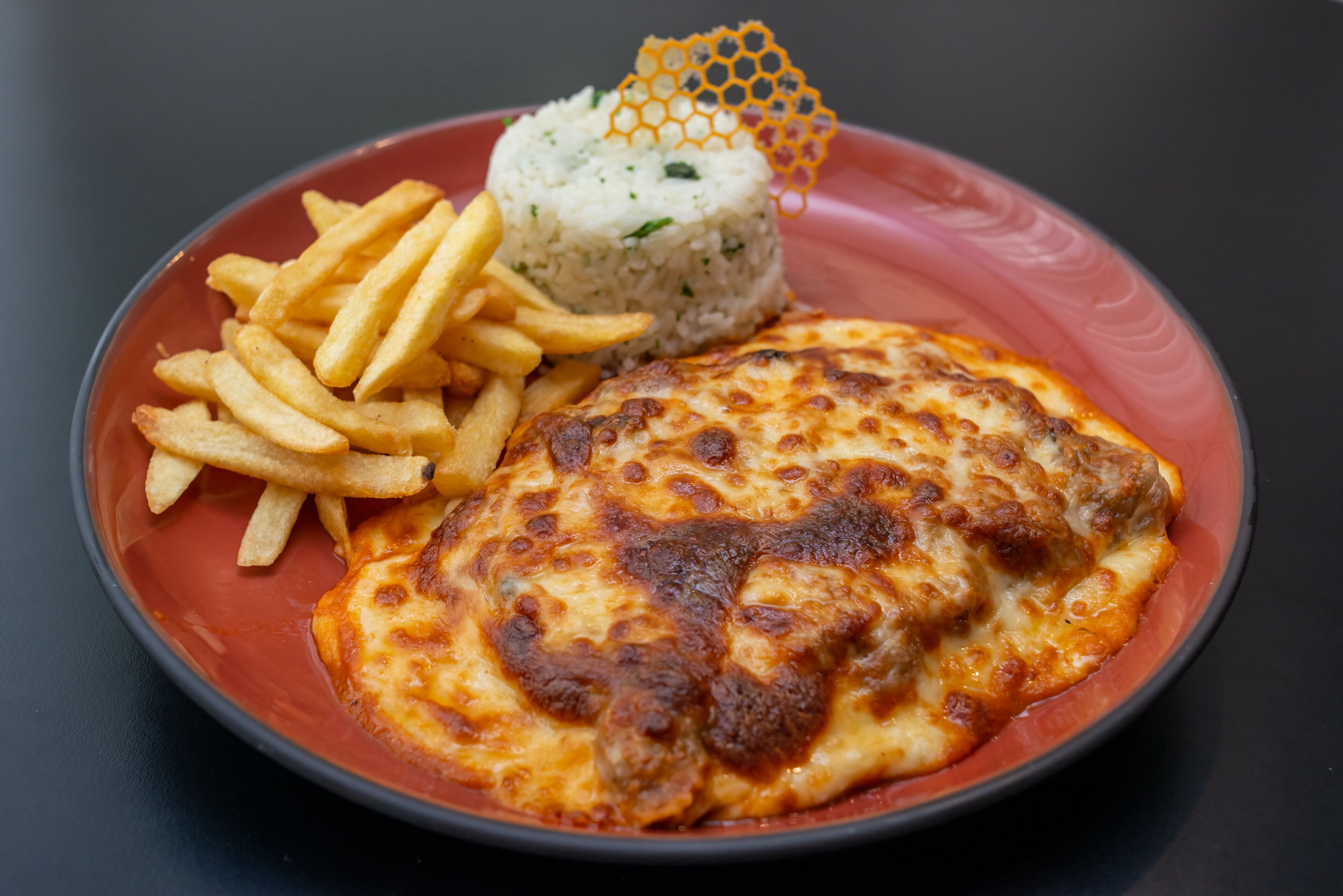 Um prato com um sanduíche de queijo grelhado, batatas fritas e um prato de arroz com ervas.
