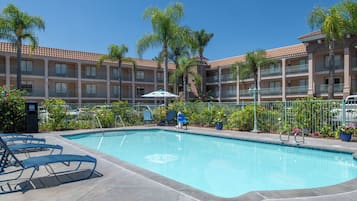 Área de piscina de hotel com piscina azul cristalina, espreguiçadeiras e um edifício com varandas ao fundo.