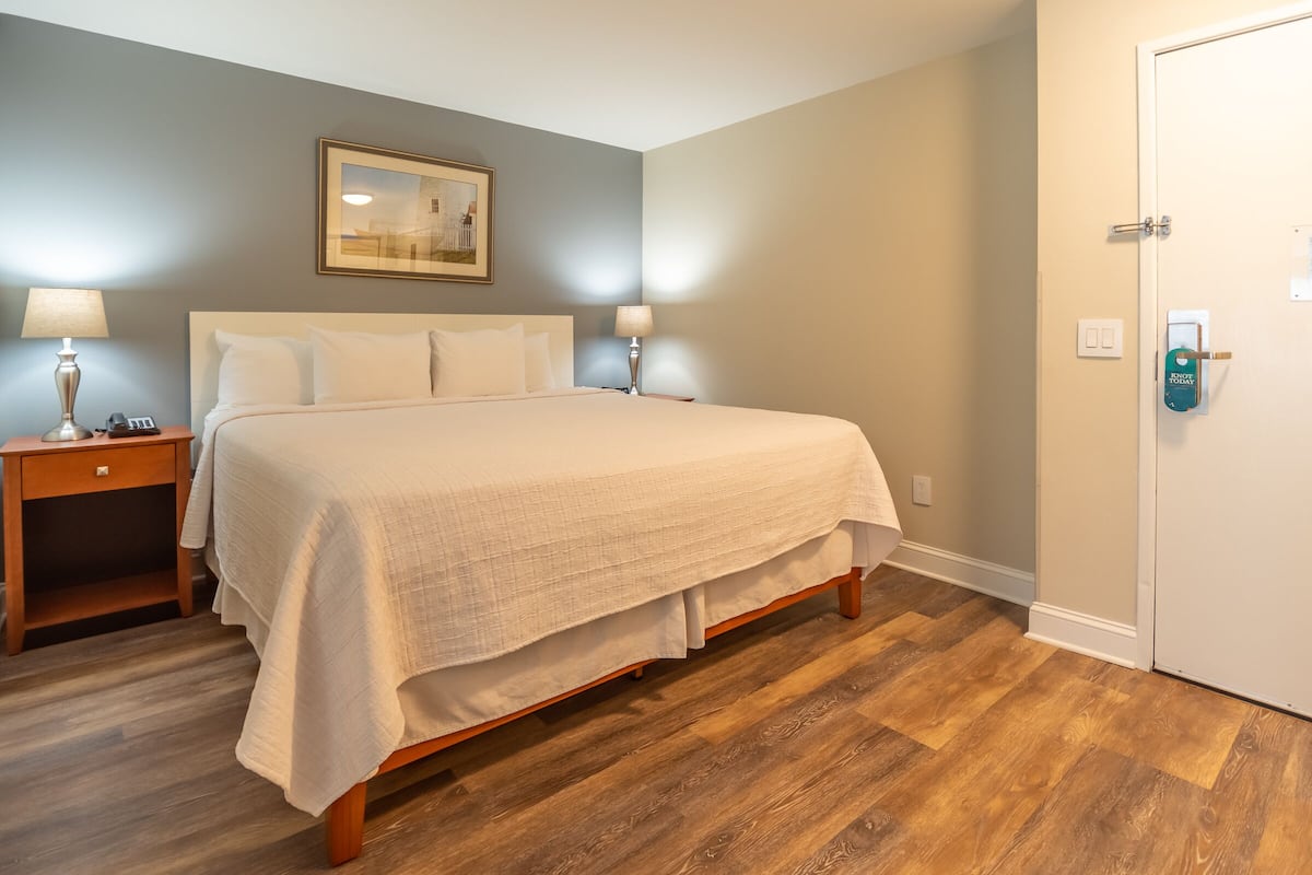 Quarto com cama, mesas de cabeceira, abajur, porta e um quadro na parede.