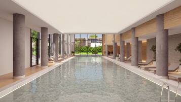 Piscina interna, piscina externa sazonal, guarda-sóis, espreguiçadeiras