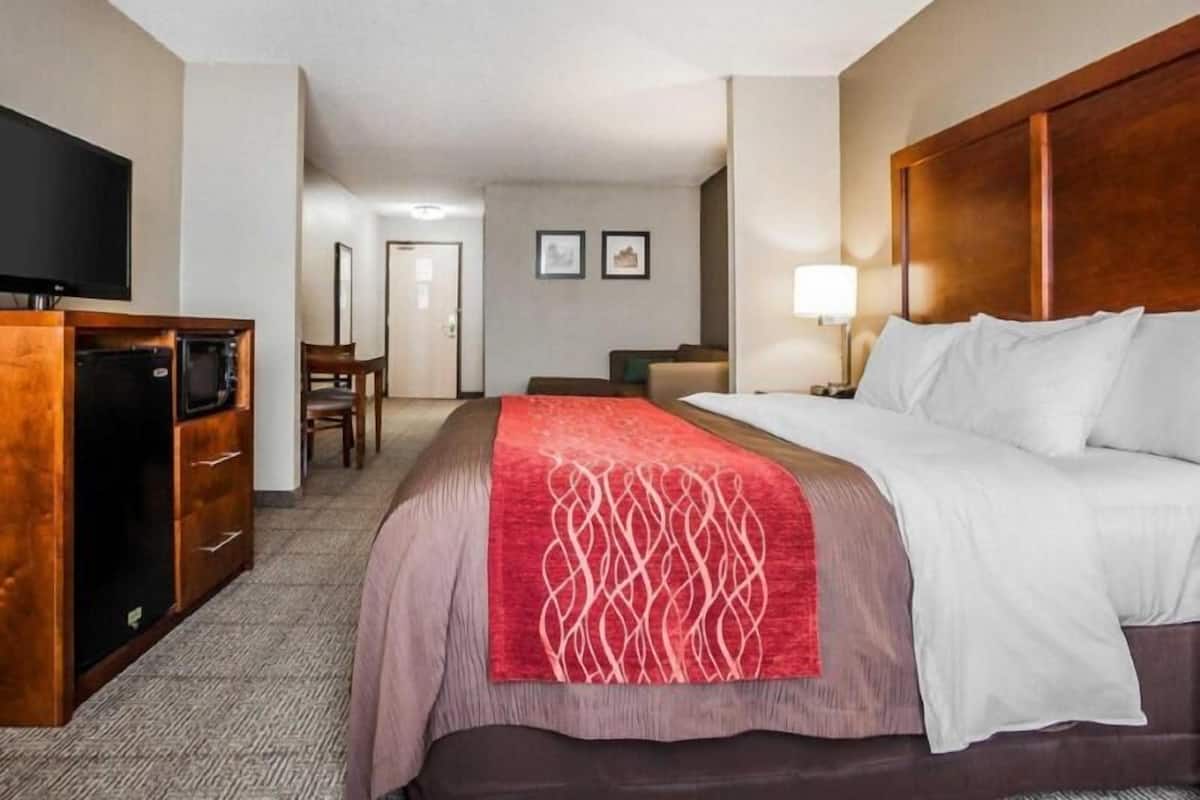 Quarto de hotel com cama, televisão, escrivaninha e cadeira.