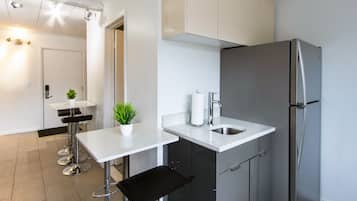 Penthouse Exclusiva, 1 quarto, não fumadores, cozinha | Cozinha privada | Minifrigorífico, um micro-ondas no espaço comum, uma cafeteira/bule