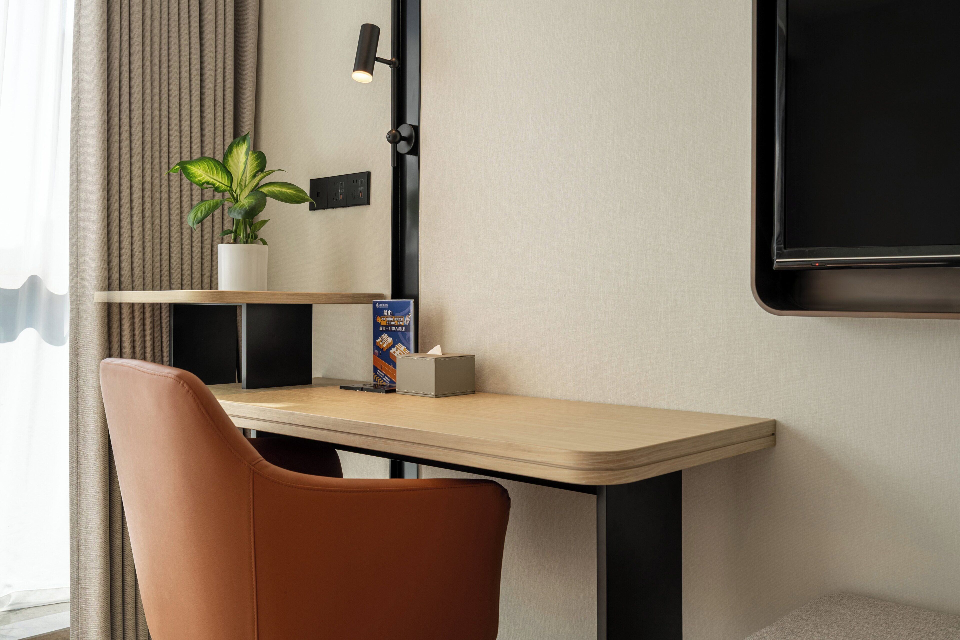 Quarto de hotel com escrivaninha, cadeira, planta em vaso, televisão na parede e tomada.