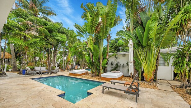 Uma área de piscina com espreguiçadeiras, uma piscina pequena e plantas tropicais.
