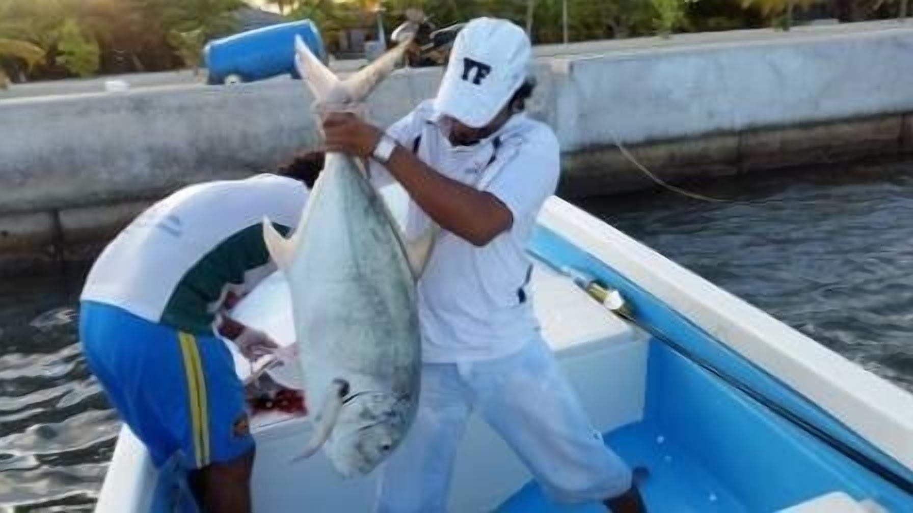 Pessoa segurando um peixe grande em um barco.