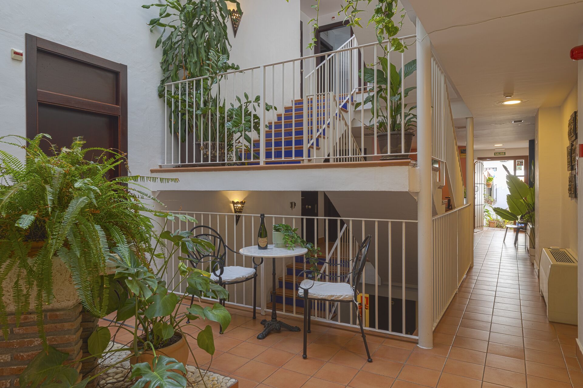 Interior residencial com vários níveis, escada, área de estar ao ar livre e plantas em vasos.