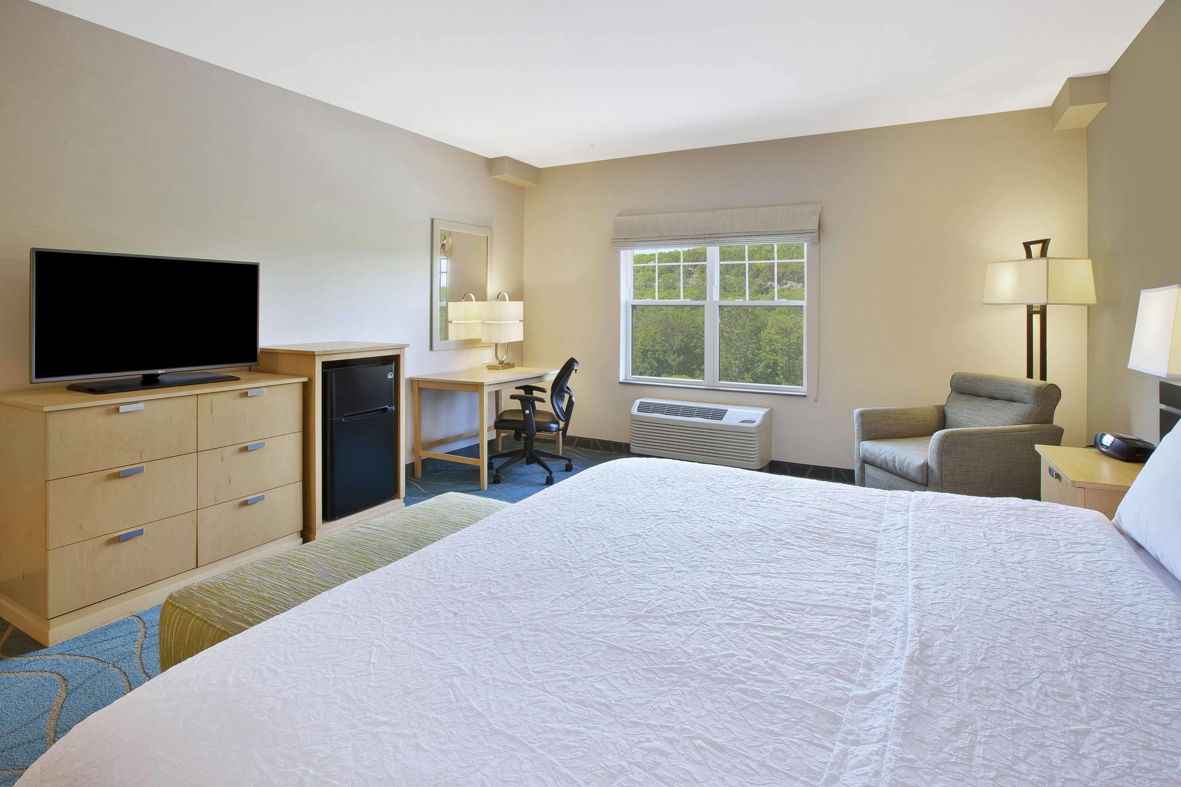 Quarto de hotel com uma cama grande, uma escrivaninha com cadeira, televisão, abajur e janela com vista para árvores.