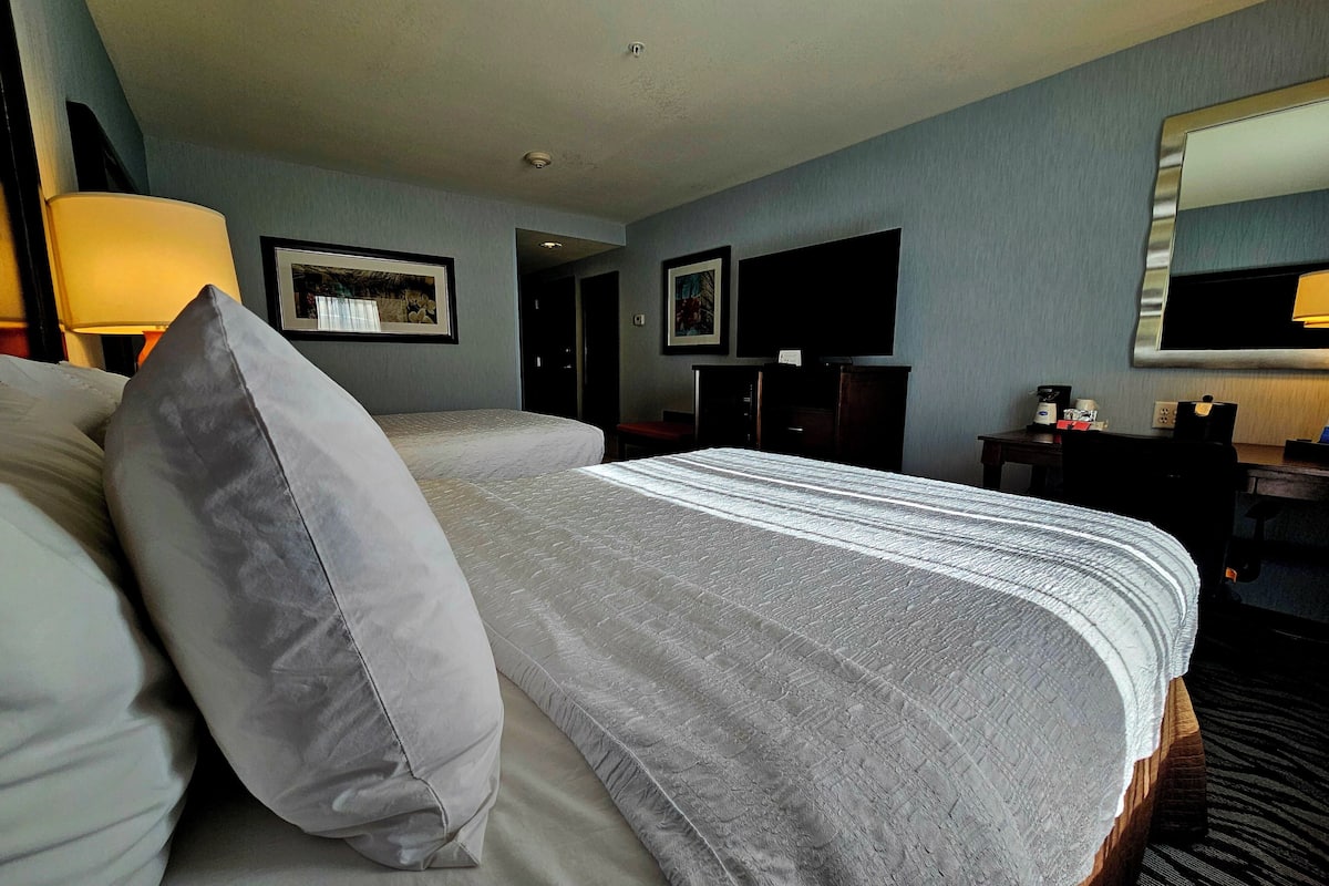 Quarto, 2 camas Queen, geladeira e micro-ondas | Cofres nos quartos, escrivaninha, Wi-Fi de cortesia, roupa de cama