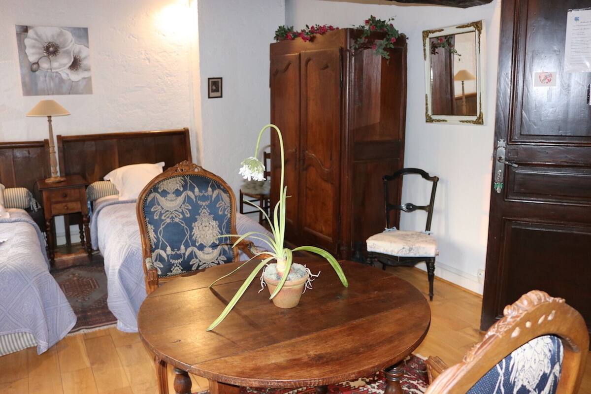 Quarto com uma mesa de madeira redonda, duas cadeiras estofadas, uma cama com cabeceira, guarda-roupa de madeira e um espelho na parede.