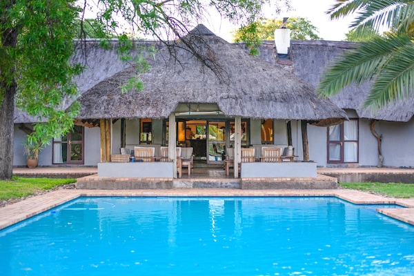 Piscina externa, guarda-sóis, espreguiçadeiras