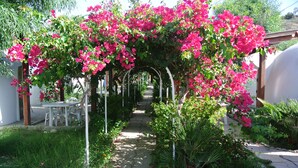 Um caminho no jardim com um arco branco coberto de flores cor-de-rosa, que leva a um edifício branco com uma mesa e cadeiras do lado de fora.
