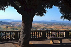 Um banco e uma árvore com vista para uma paisagem deslumbrante, com montanhas e campos ao longe.
