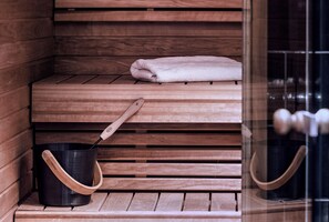 Polar Double with sauna | Casa de banho | Produtos de higiene exclusivos, um secador de cabelo, roupões, chinelos 
