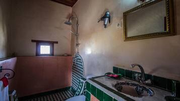 Casa de banho com chuveiro, sanita, lavatório e espelho.
