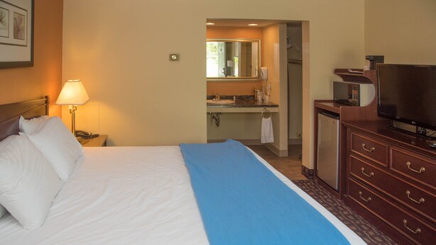 Quarto de hotel com cama, televisão, escrivaninha e luminária, e banheiro visível através de uma porta aberta.