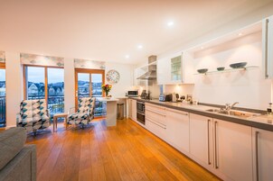 Apartamento luxo, 1 quarto, cozinha, vista para o rio | Cozinha privada | Geladeira grande, micro-ondas, fogão, cooktop