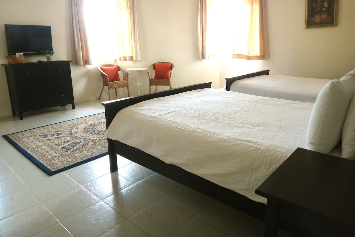 Quarto de hotel com duas camas, uma televisão sobre uma cômoda, uma mesa pequena, duas cadeiras e um tapete.