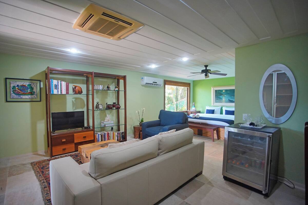 Uma sala de estar com sofá, televisão, estante de livros e um pequeno frigorífico.