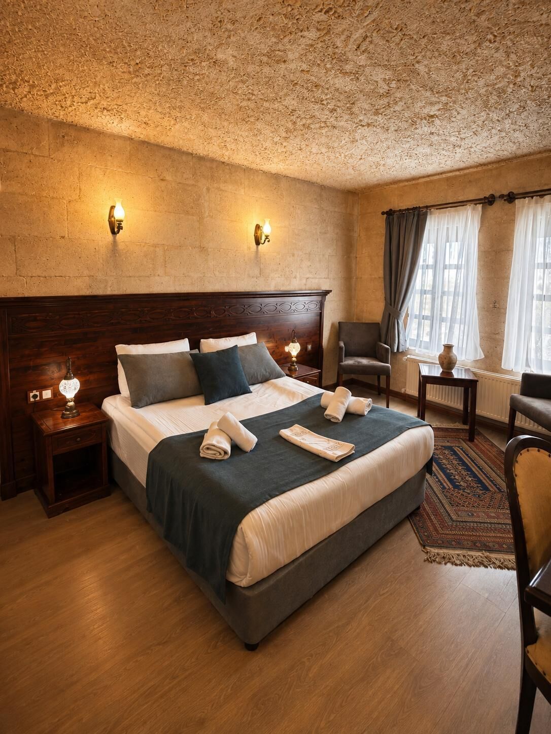 Quarto de hotel com uma cama grande, duas luminárias de cabeceira, uma cadeira, uma mesinha e uma janela com cortinas.