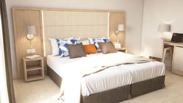 Quarto Duplo Deluxe, varanda | Secretária, secretária adequada para computadores portáteis