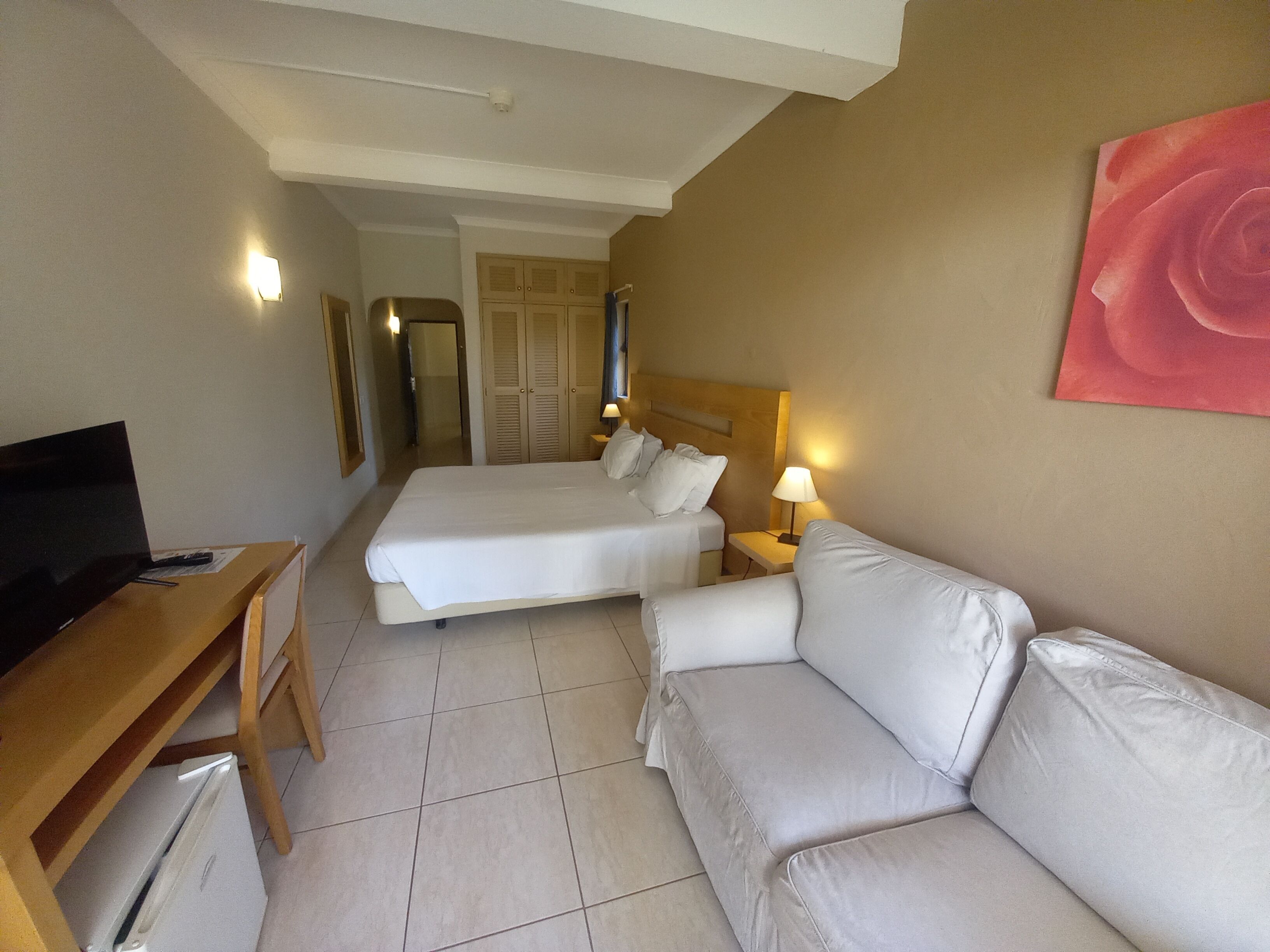 Quarto de hotel com cama, sofá, escrivaninha com televisão e um quadro na parede.