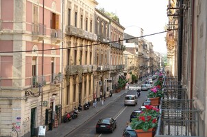 Vista da rua com edifícios históricos, carros estacionados e plantas em vasos ao longo da calçada.