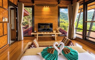 Quarto com cama, televisão, escrivaninha de madeira e janelas amplas com vista para o verde.