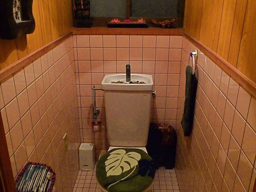 Casa de banho pequena com sanita, lavatório e janela sobre a sanita.