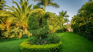 Um jardim bem cuidado com uma estrutura de árvore central, rodeado por sebes aparadas e diversas plantas.