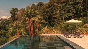 Piscina com água cristalina, rodeada por vegetação exuberante e árvores. Há espreguiçadeiras e um guarda-sol.