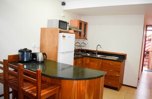 Uma cozinha compacta com armários de madeira, micro-ondas, geladeira e pia.