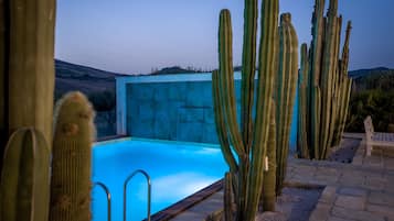 Área de piscina com cactos altos e um muro de pedra.