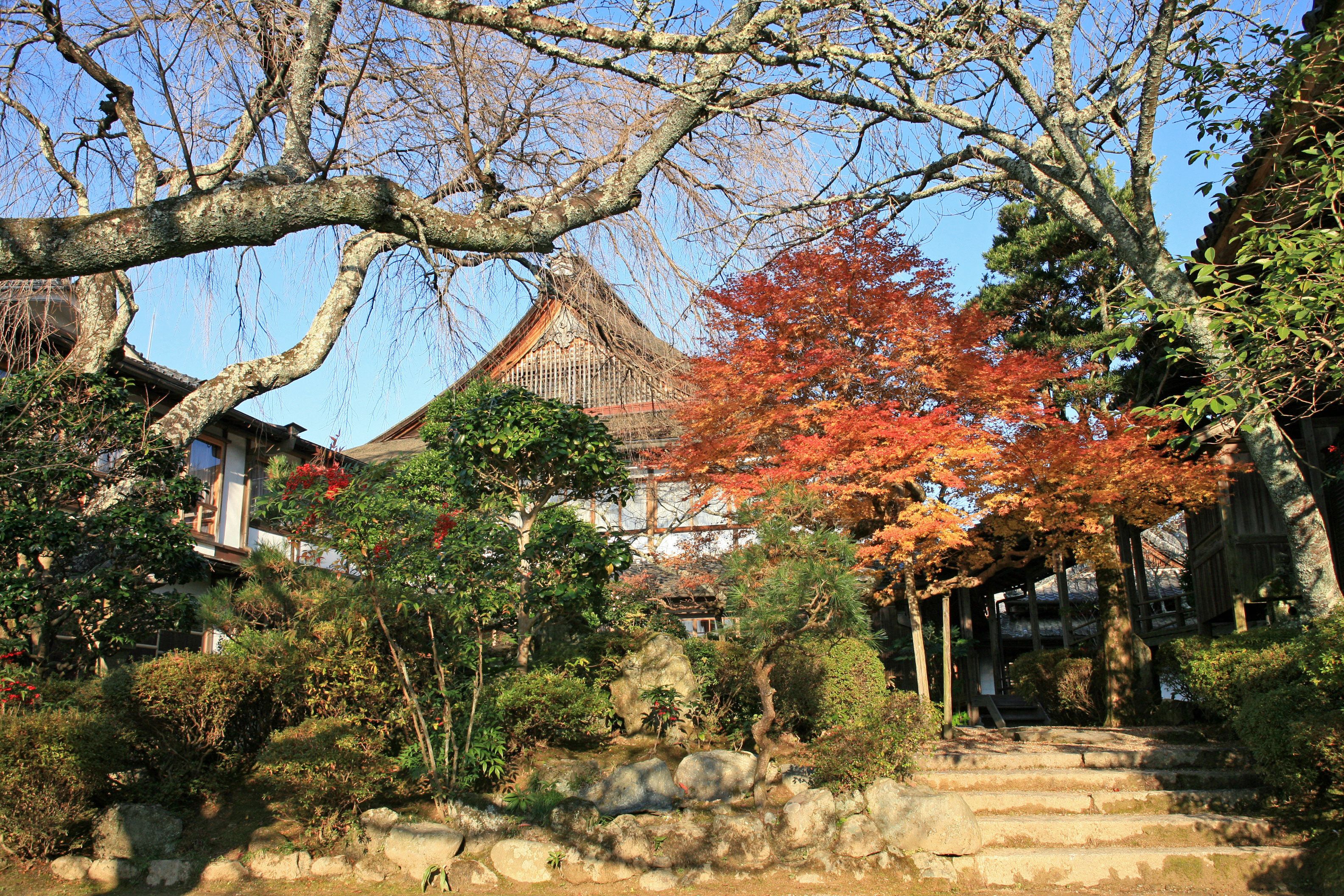 Um edifício japonês tradicional com telhado de palha, cercado por folhagem outonal e degraus de pedra que levam até ele.