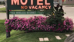 Letreiro de neon de um motel exibindo a mensagem 'NÃO TEM VAGAS' e internet sem fio gratuita.