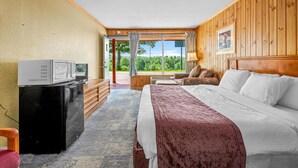Quarto com cama, TV, escrivaninha e vista para o exterior.