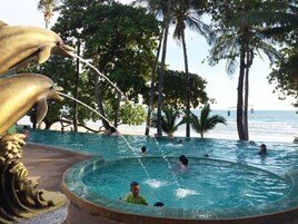 Área da piscina com uma escultura de golfinho, rodeada por palmeiras e vista para o mar.