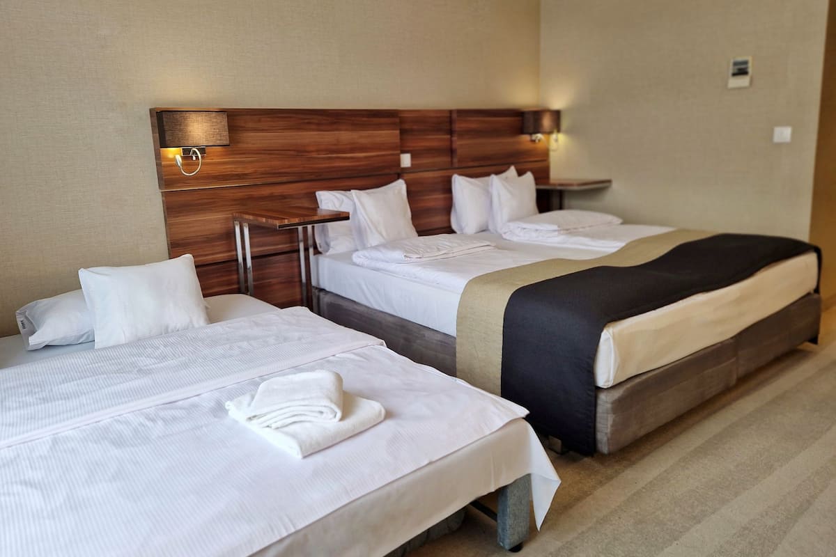 Quarto de hotel com duas camas, cabeceira de madeira, mesas de cabeceira e piso coberto por carpete.