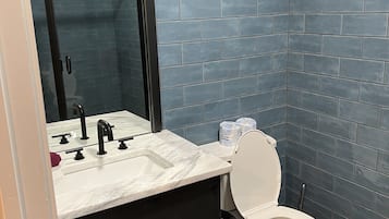 Um banheiro com vaso sanitário branco, pia com torneiras pretas e paredes revestidas de azulejos azuis.