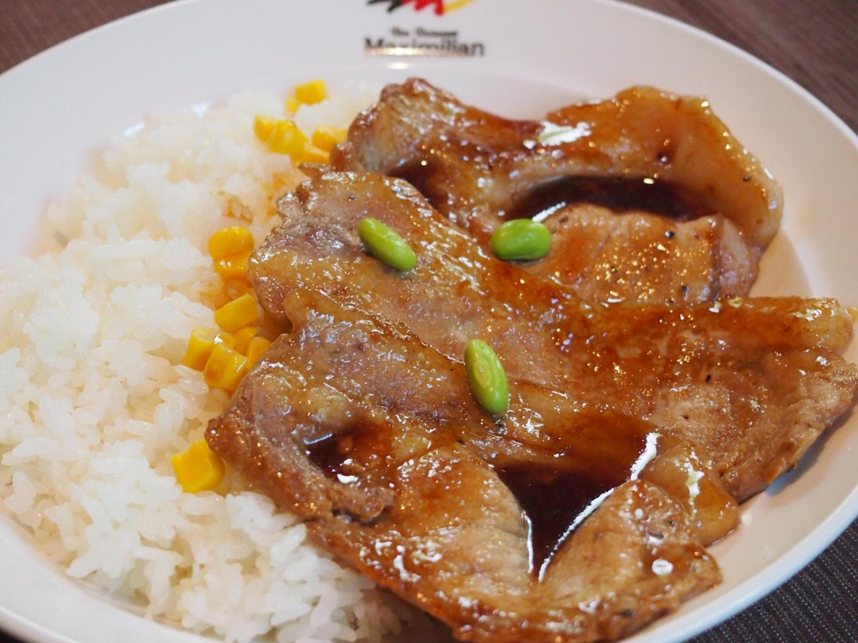 Prato de comida com arroz e um prato de carne glaceada, possivelmente leitão, decorado com cebolinha.