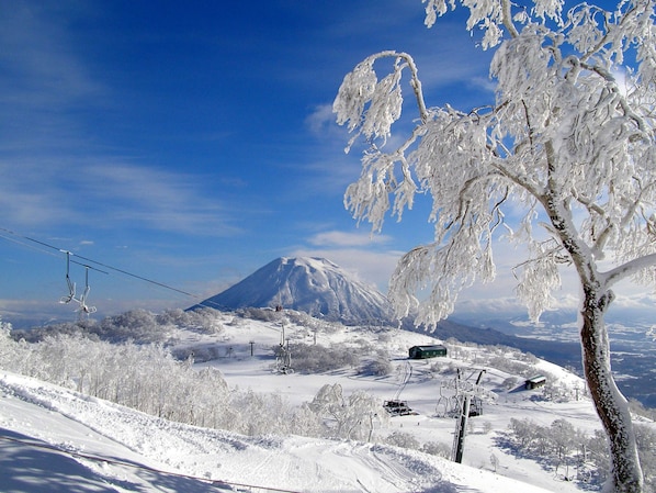 Montanha coberta de neve com um teleférico e um edifício verde ao fundo.
