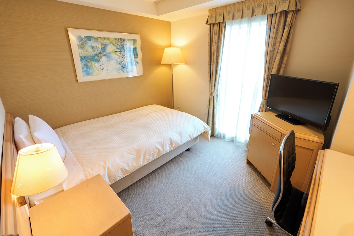Quarto de hotel com cama, escrivaninha, televisão, candeeiro e um quadro na parede.
