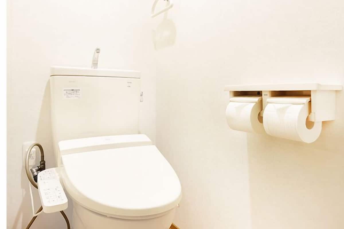 Sanitário branco com painel de controle, rolo de papel higiênico na parede e chão de madeira.
