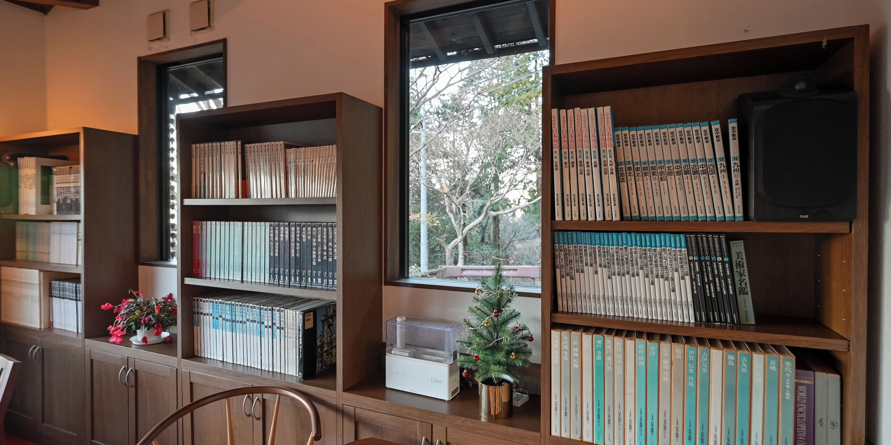 Uma biblioteca com estantes cheias de livros, um pequeno pinheiro de Natal e uma janela com vista para árvores.