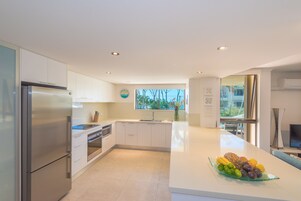 Um frigorífico/congelador grande, um micro-ondas, uma placa de cozinha 