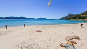 Uma praia com água azul cristalina, algumas pessoas caminhando e uma gaivota voando.